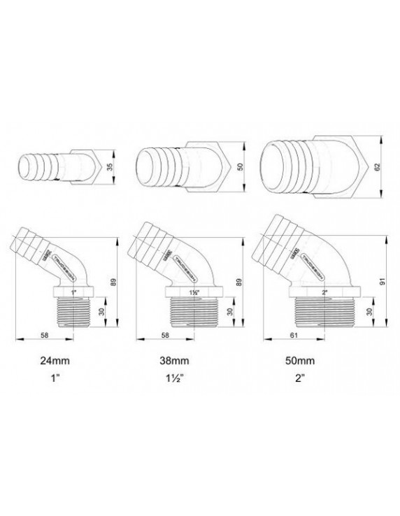 90531-0 Slangtule met schroefdraad 120° div. maten